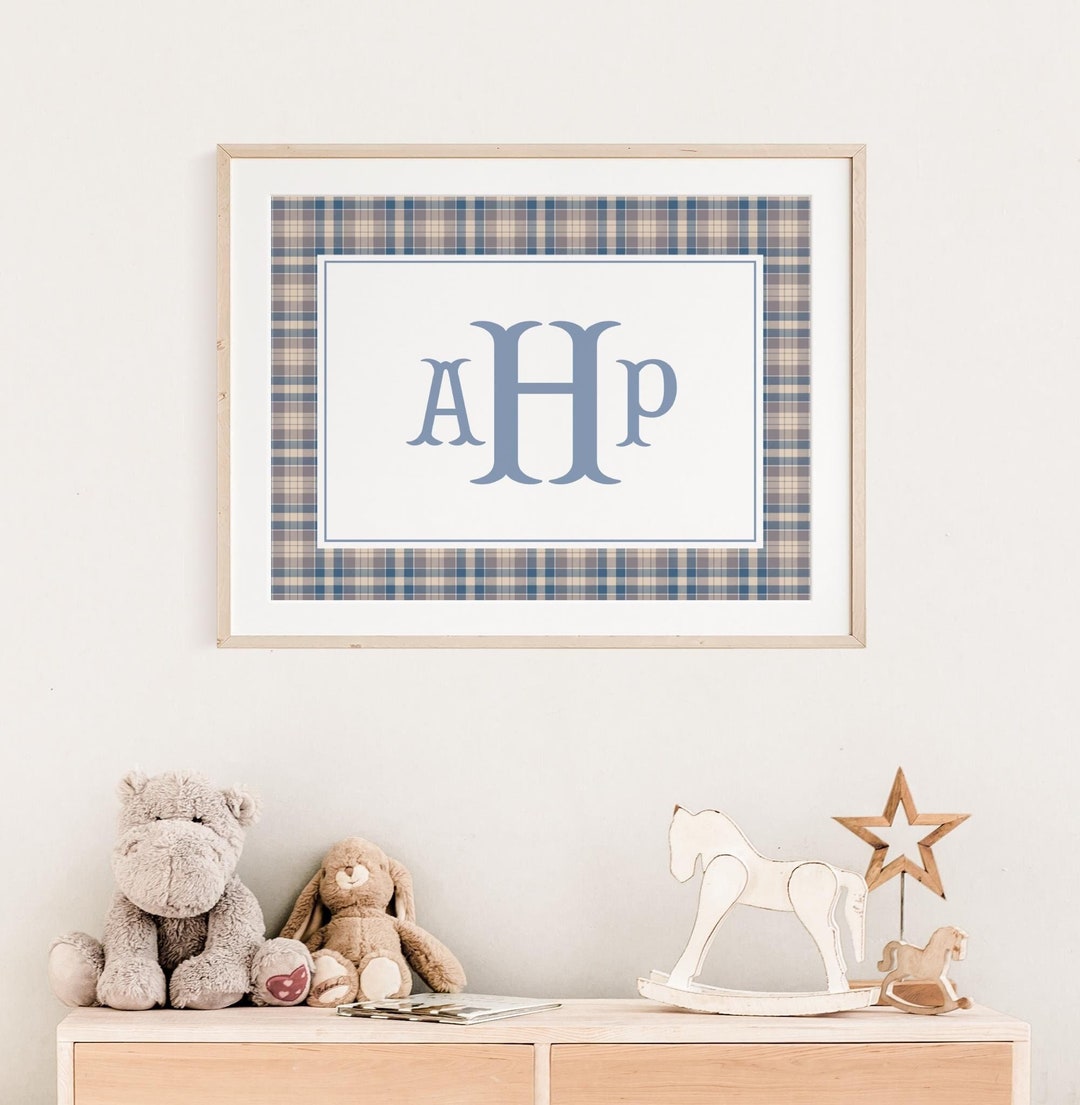 Boy Nursery Custom Monogram, Blue Gingham Nursery Wall Art, Farmhouse ...