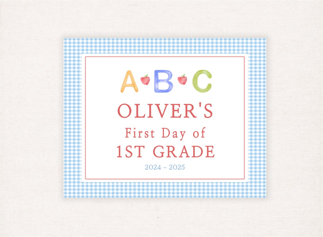 Blue Gingham First Day of School Sign, Watercolor Back to School Sign ...