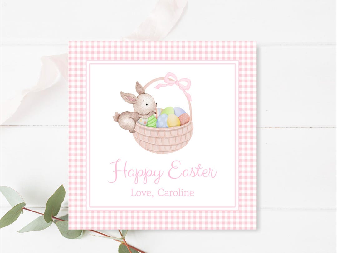 Easter Tag, Easter Basket Tag, Pink Bunny Gingham Easter, Watercolor ...