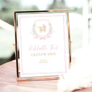 Watercolor Pink Crest Baby Shower Sign, Editable Sign 8x10, Girl ...