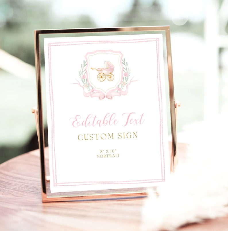 Watercolor Pink Crest Baby Shower Sign Editable Sign 8x10 - Etsy