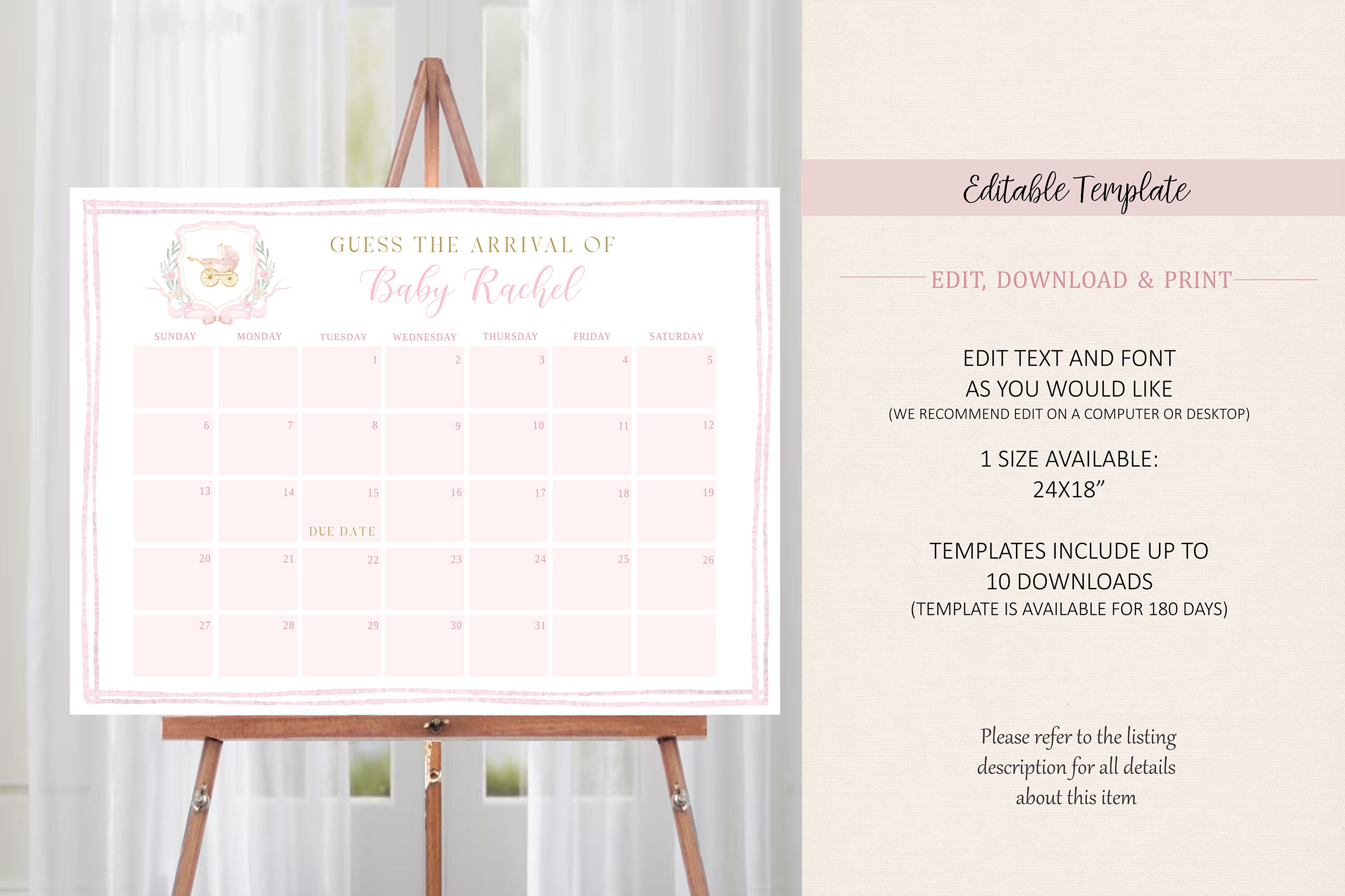 Watercolor Crest Baby Shower Due Date Calendar, Guess Baby Birth Date ...