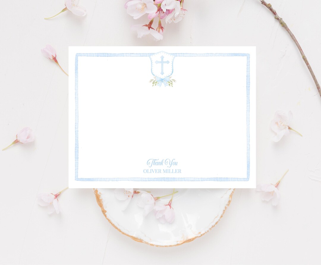 Printable Baptism Thank You Note Cards, Baptism Stationery, Blue Cross ...