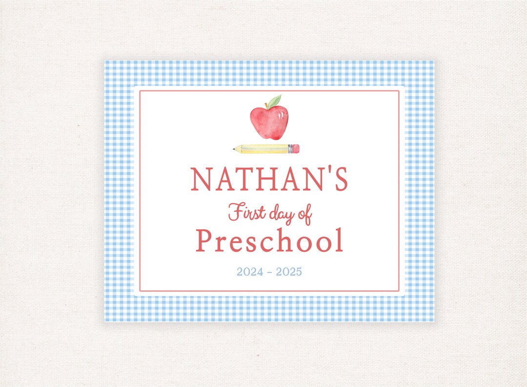 Blue Gingham First Day of School Sign, Watercolor Back to School Sign ...
