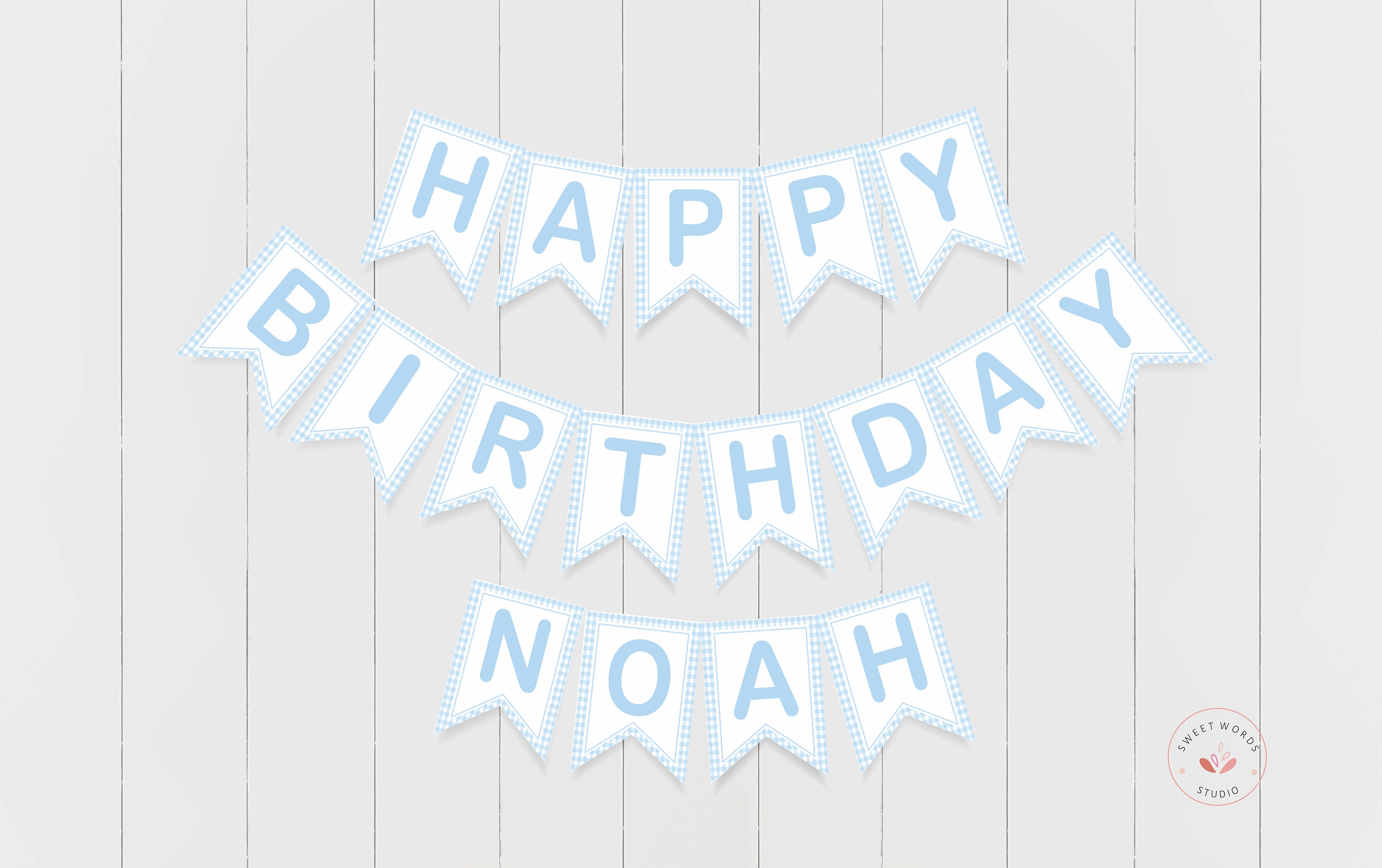 Blue Gingham Happy Birthday Banner, Boy 1st Birthday Decoration ...