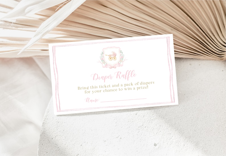 Crest Diaper Raffle Card, Pink Bow Invitation Insert, Girl Carriage ...