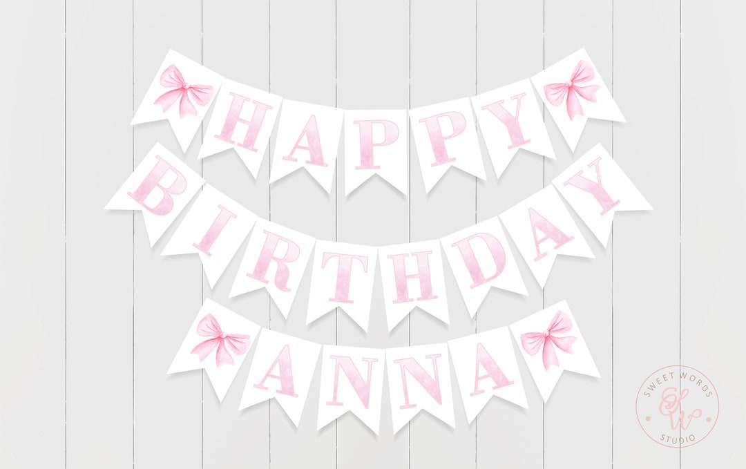 Pink Bow Happy Birthday Banner Printable Download Baby Name - Etsy UK