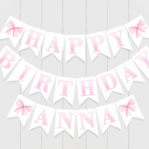 Pink Bow Happy Birthday Banner Printable Download Baby Name - Etsy