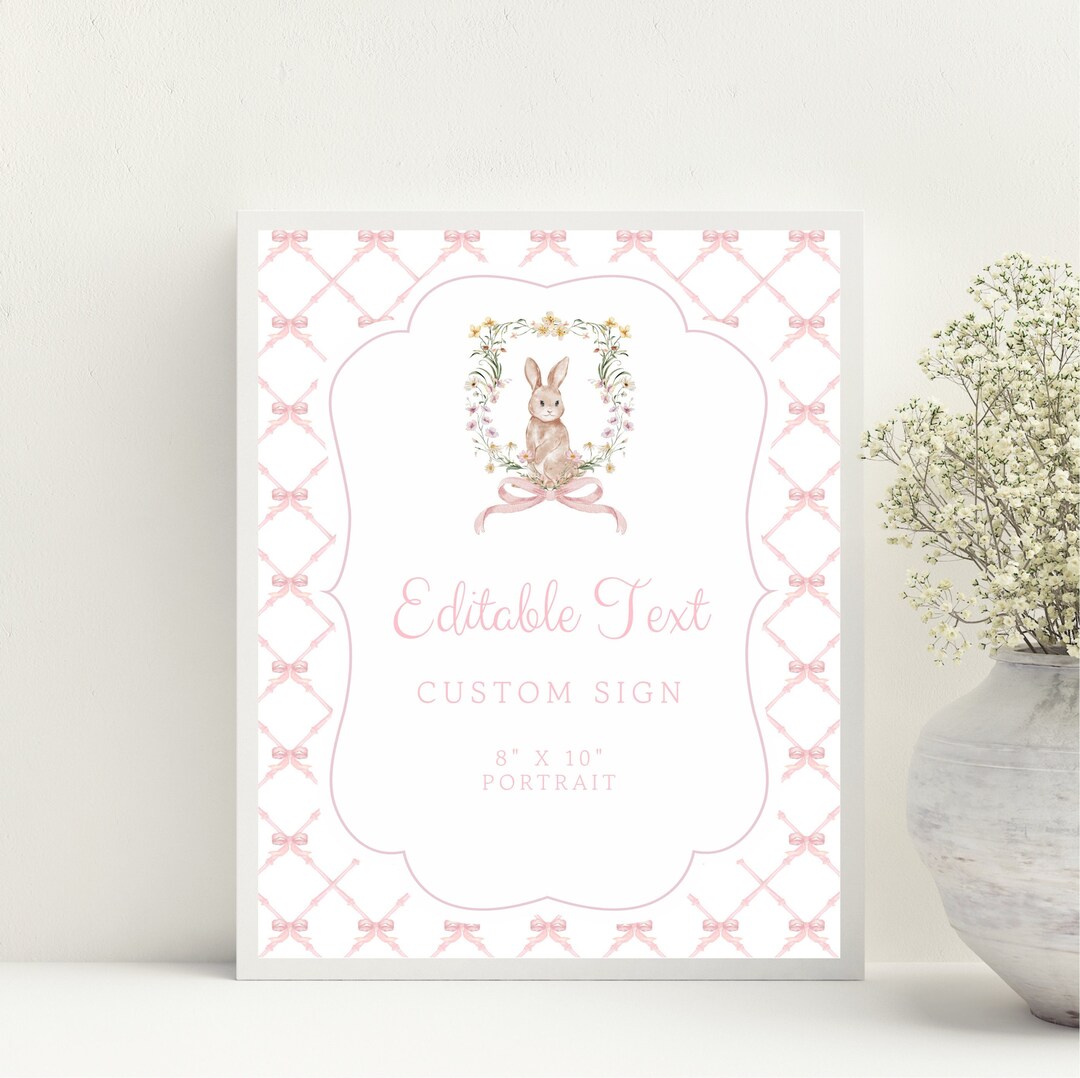 Crest Floral Bunny Birthday Sign, Editable Sign 8x10, Bunny Girl 1st ...