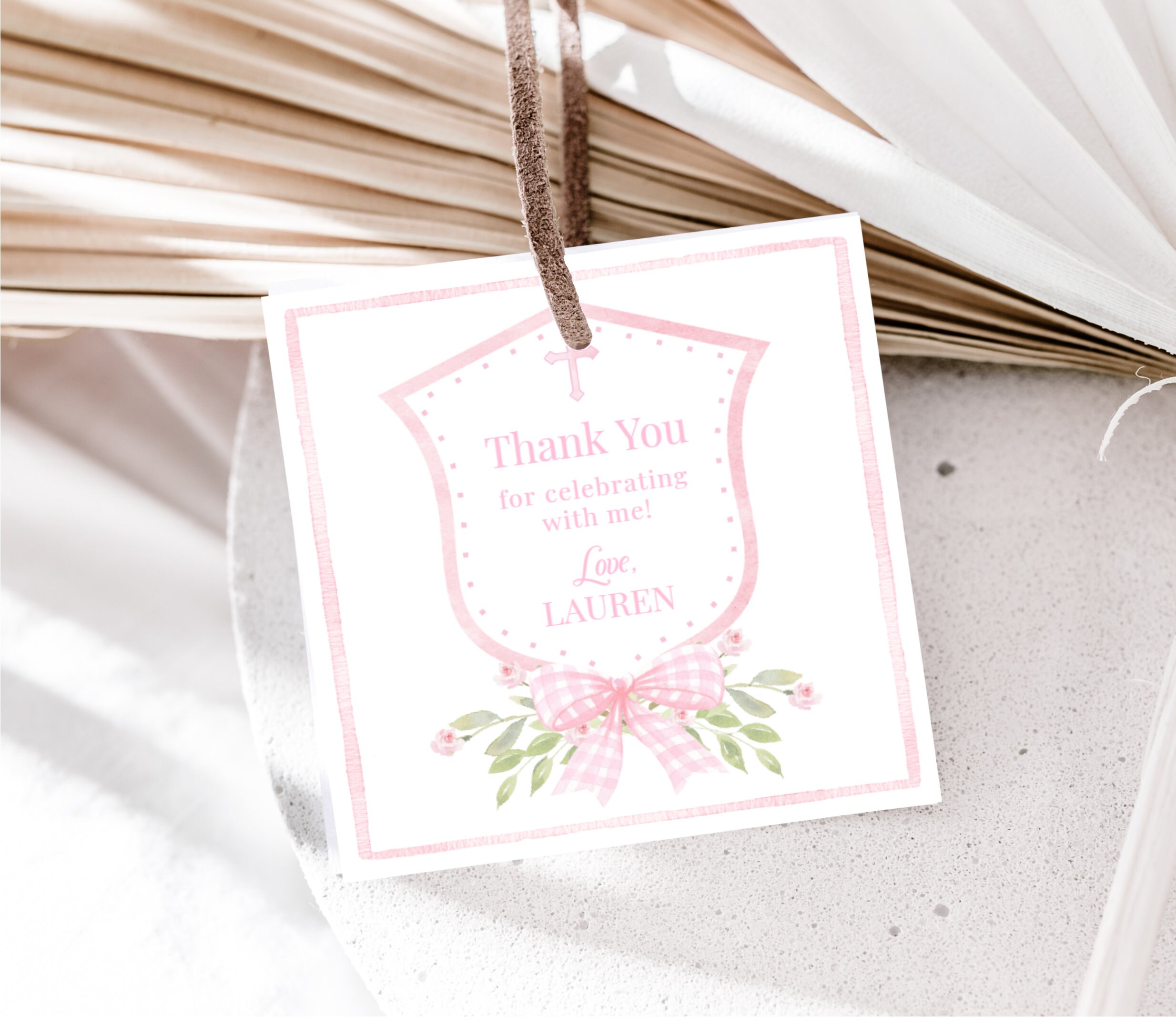 Baptism Thank You Tag, Christening Favor Tag, Pink Crest Girl Baptism ...