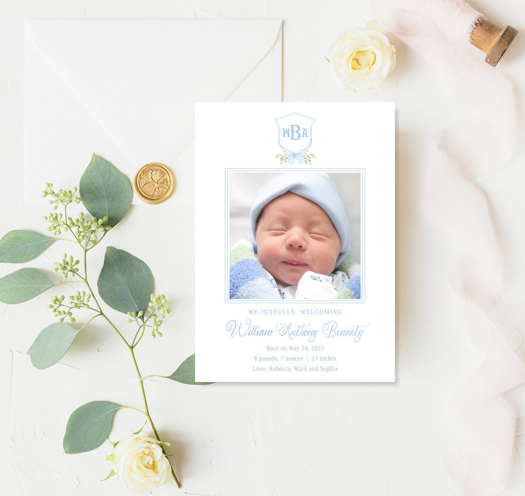 Boy Birth Announcement Card, Blue Crest Monogram, Newborn Baby ...