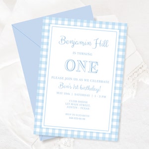 Blue Gingham First Birthday Invitation, Boy 1st Birthday Invite ...