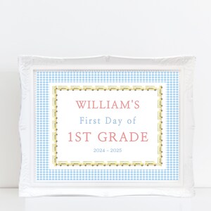 Blue Gingham First Day of School Sign, Watercolor Back to School Sign ...