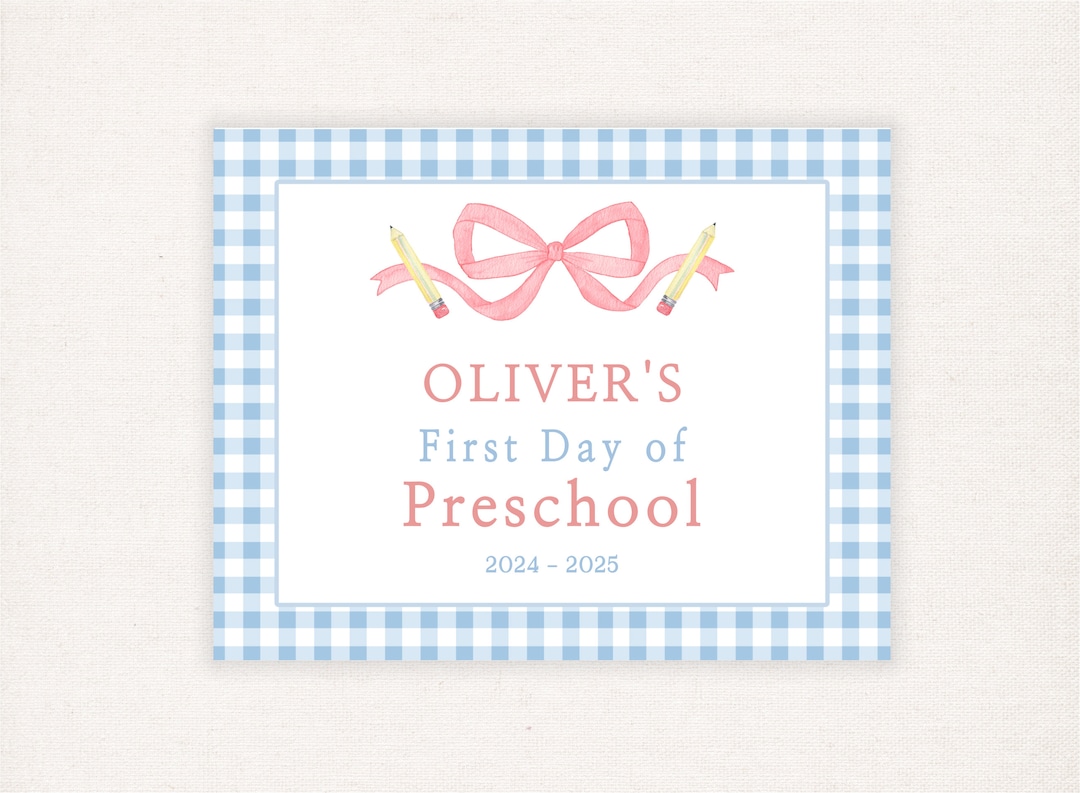 Gingham Blue First Day of School Sign, Watercolor Back to School Sign ...