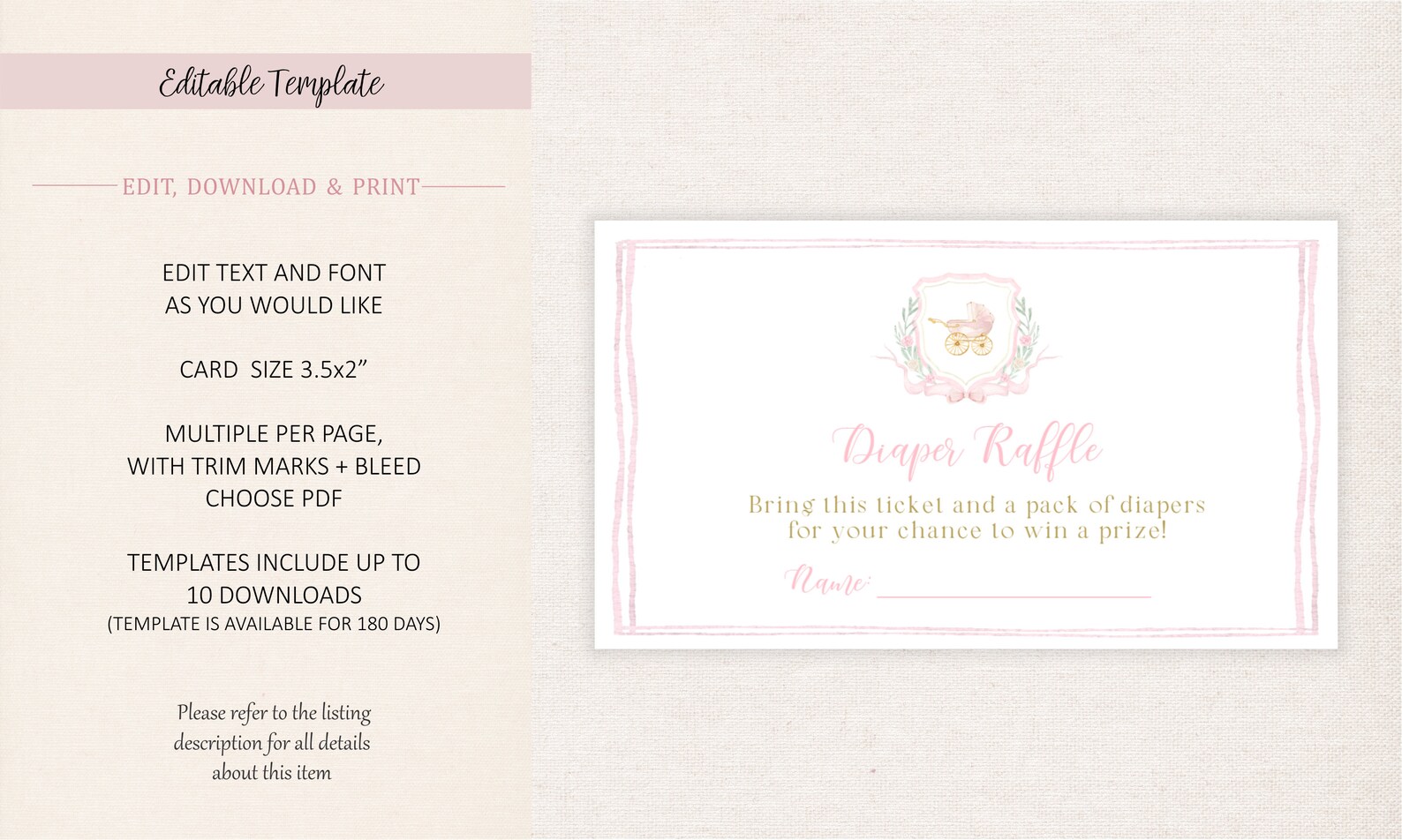 Crest Diaper Raffle Card, Pink Bow Invitation Insert, Girl Carriage ...