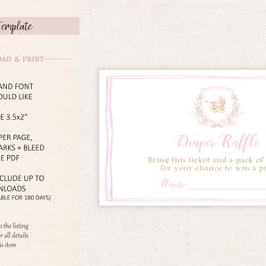 Crest Diaper Raffle Card, Pink Bow Invitation Insert, Girl Carriage ...