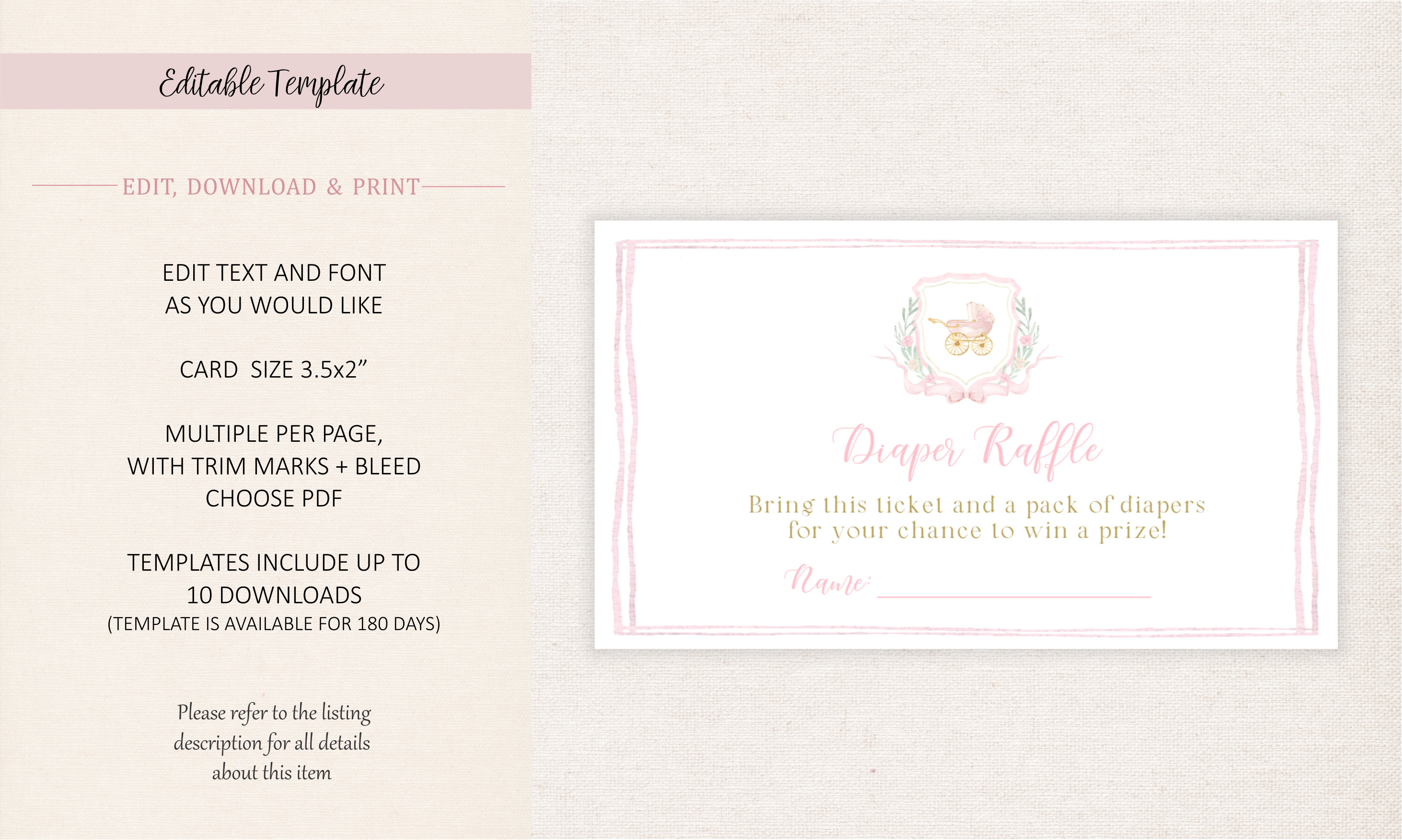 Crest Diaper Raffle Card, Pink Bow Invitation Insert, Girl Carriage ...