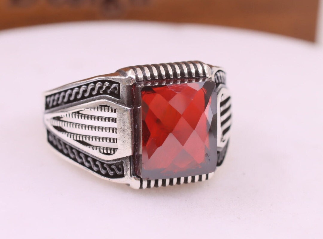 Modern Minimalist Men Rings, Silver Men Rings, Signet Red Ruby Ring ...