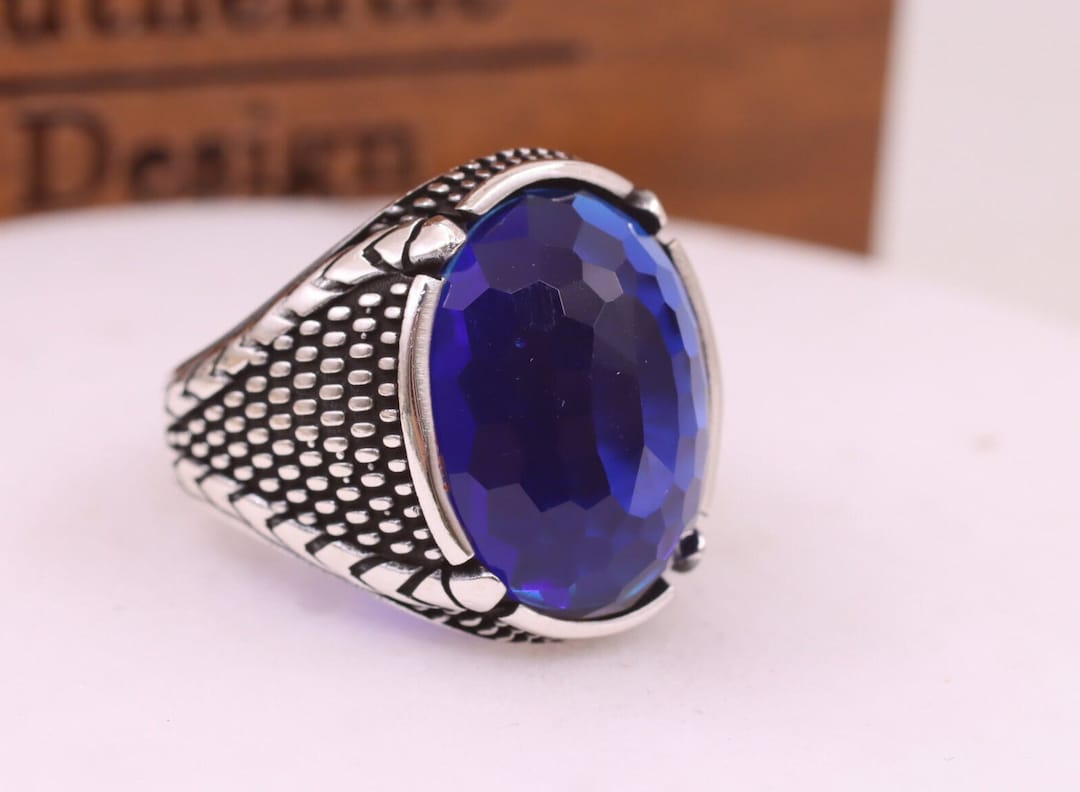 Sapphire Oval Cut Stone Men Silver Ring ,blue Sapphire Silver Mens Ring ...
