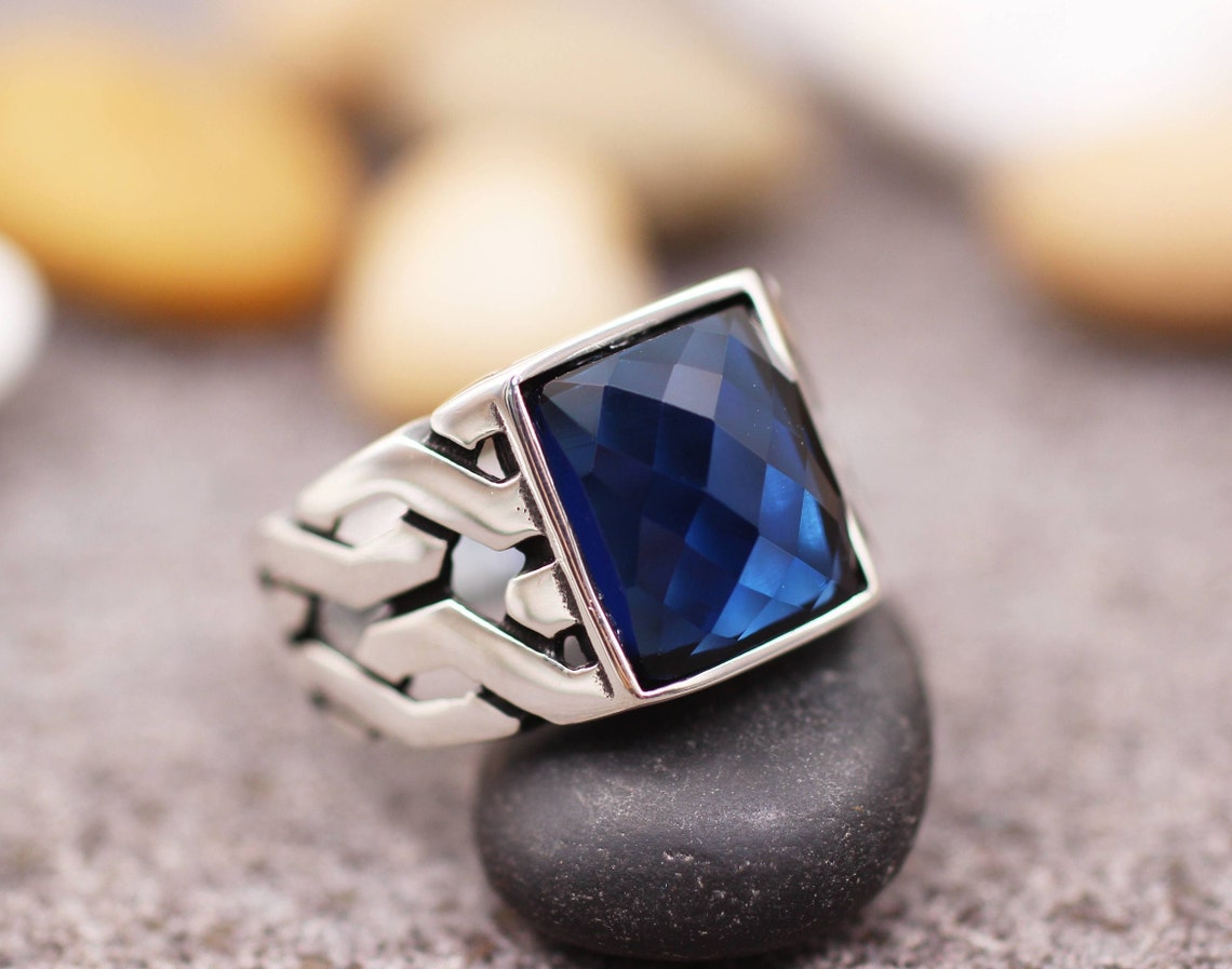 Signet Mens Ring Sterling Silver Mens Sapphire Ring Mens | Etsy