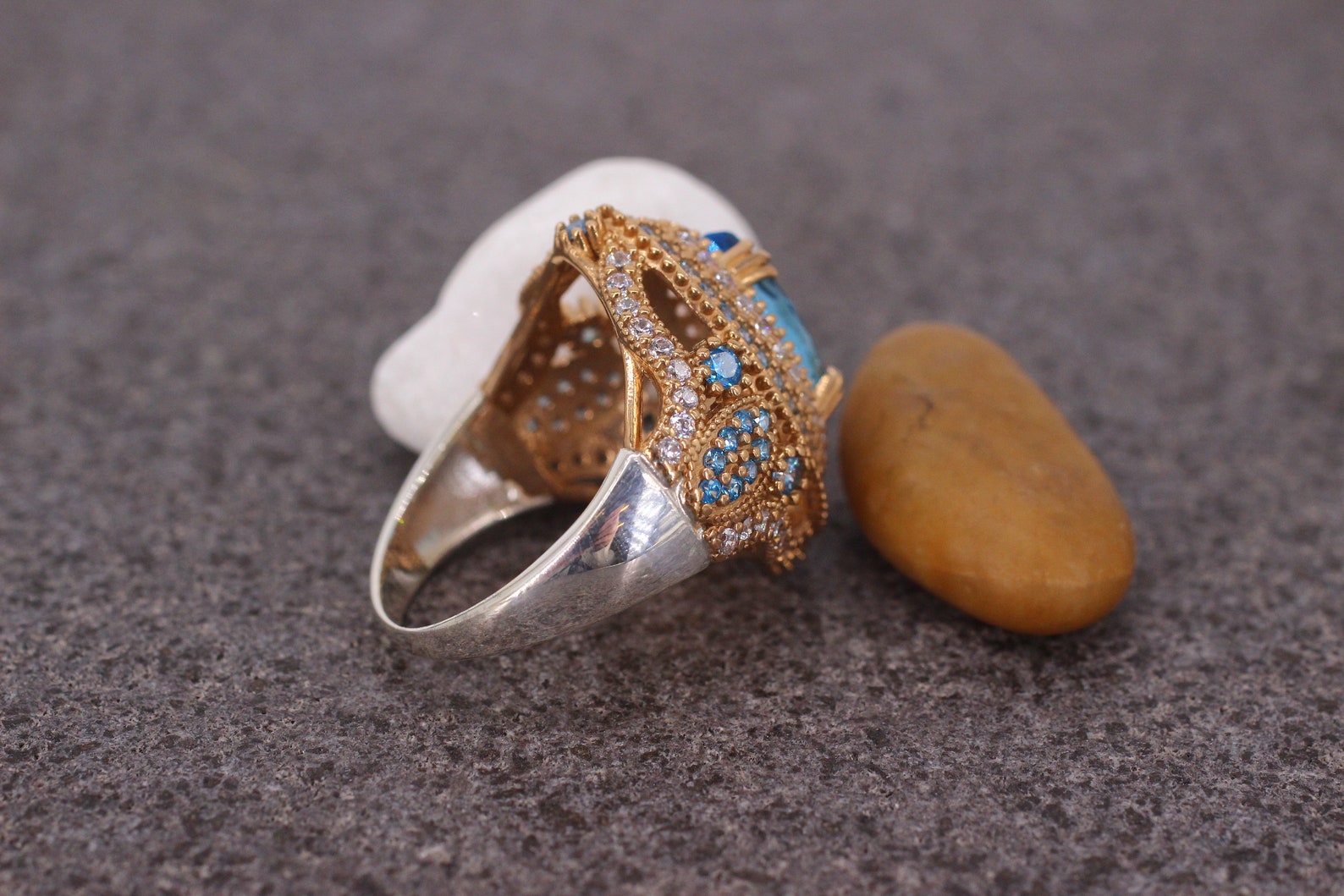 Hurrem Design Ring, Turkish Handmade Jewelry Shuttle Shape Aquamarine ...