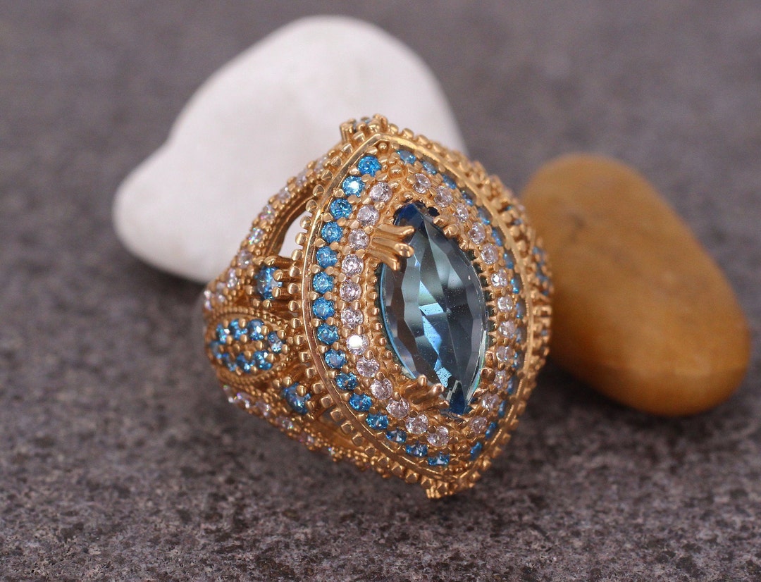 Hurrem Design Ring, Turkish Handmade Jewelry Shuttle Shape Aquamarine ...