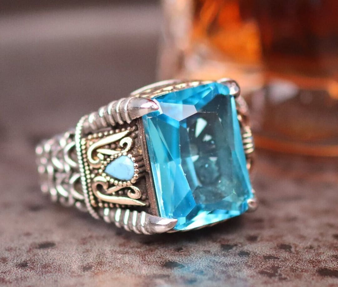 Aquamarine Men's Ring, Ottoman Men's Ring, Vintage Style Silver 925 Men ...