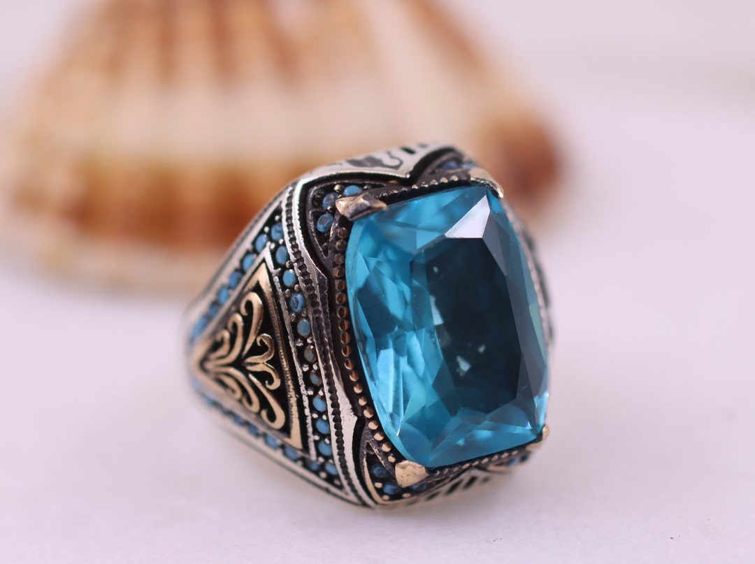 Aquamarine Mens Ring, Silver Mens Ring, Silver 925 Statement Mens Ring ...