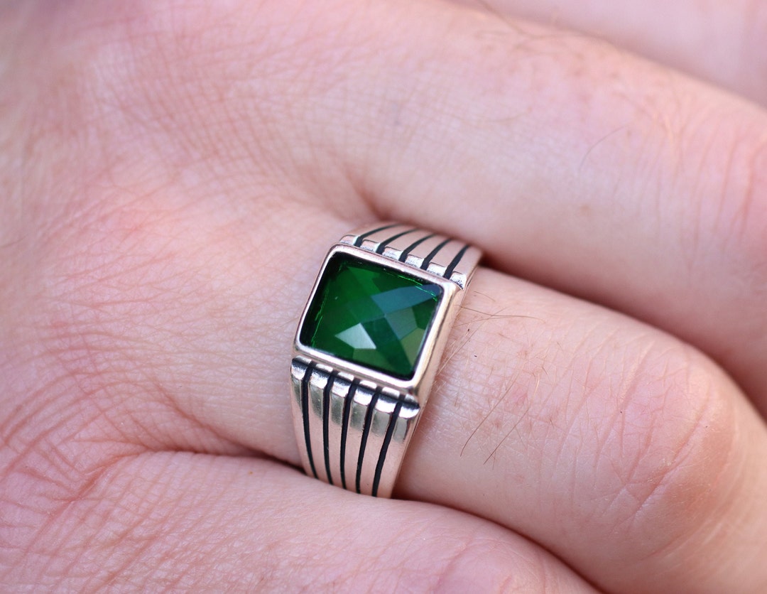 Emerald Men's Ring, Signet Mens Ring, Mens Handmade Emerald Ring, Gift for Him, Gift for ...