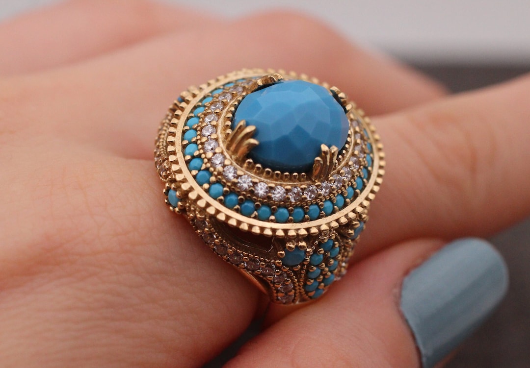 Oval Turquoise Handmade Ring, Ottoman Style Ring, Sterling Silver 925 ...