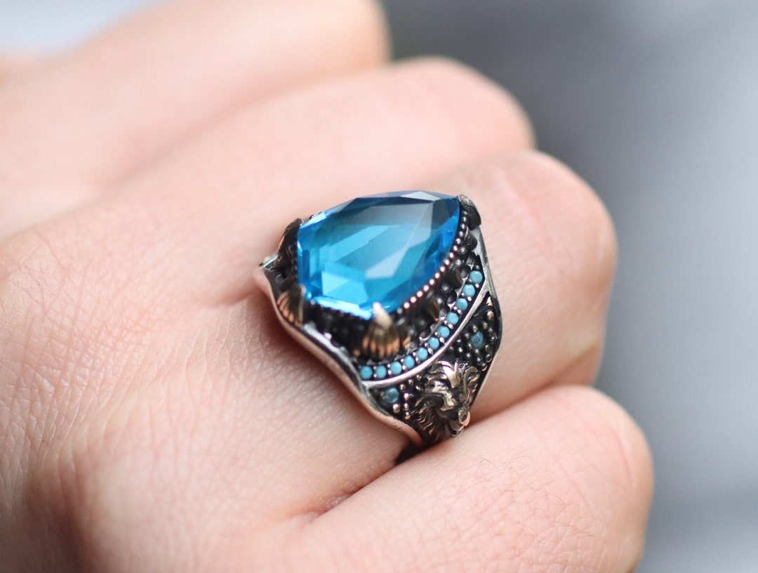 Aquamarine Mens Ring, Silver Mens Ring, Silver 925 Statement Mens Ring ...