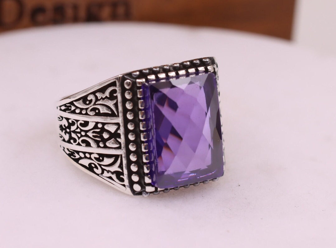 Modern Minimalist Silver Mens Ring, Signet Amethyst Mens Ring, Ring for ...