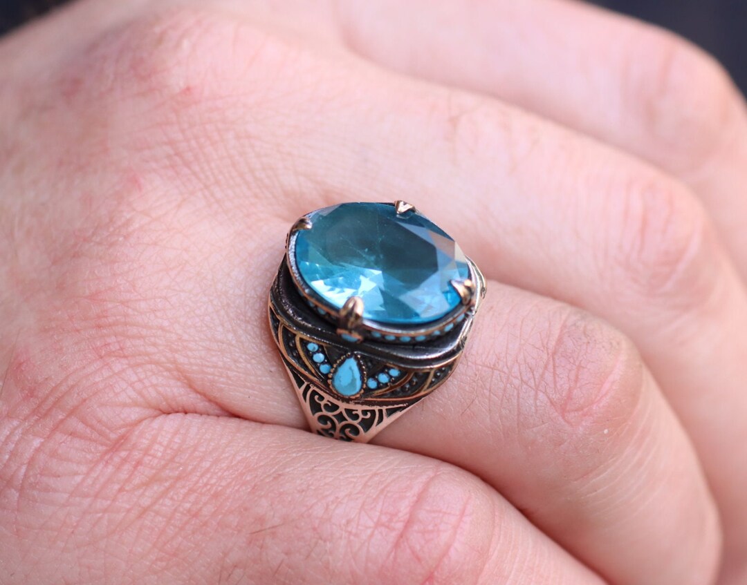 Aquamarine Mens Ring, Silver Mens Ring, Silver 925 Statement Mens Ring ...