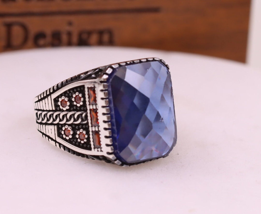 Sapphire Rectangle Cut Stone Men Silver Ring ,blue Sapphire Silver Mens ...
