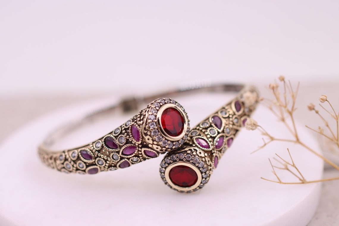 925 Sterling Silver Ruby Bracelet, Turkish Handmade Bracelet, Silver ...