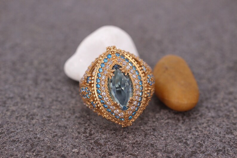 Hurrem Design Ring, Turkish Handmade Jewelry Shuttle Shape Aquamarine ...