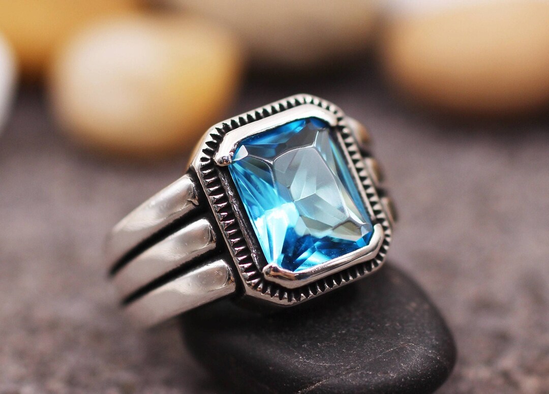 Aquamarine Mens Ring, Rectangle Aquamarine Mens Ring, Silver Mens Ring ...