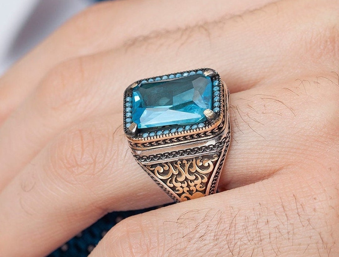 Aquamarine Mens Ring, Silver Mens Ring, Sterling Silver 925 Mens Ring ...