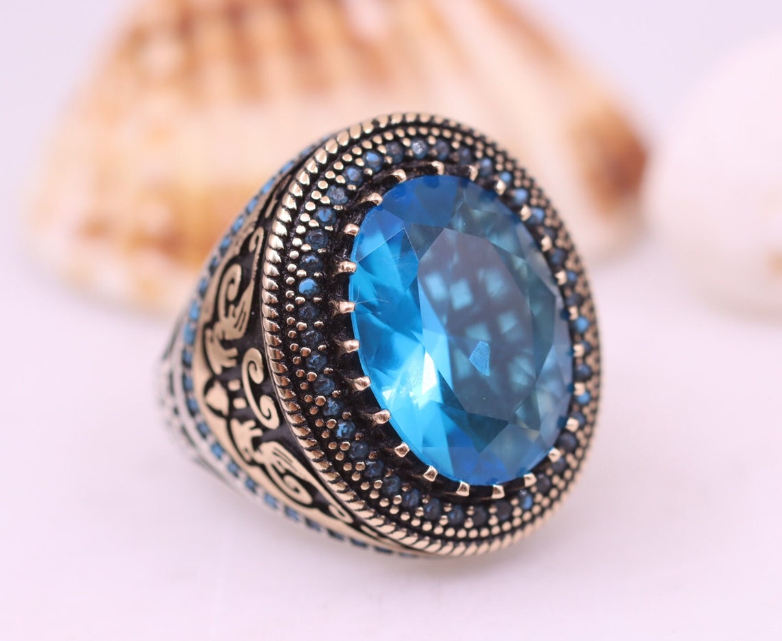 Aquamarine Mens Ring, Oval Aquamarine Mens Ring, Silver Mens Ring, Gift ...