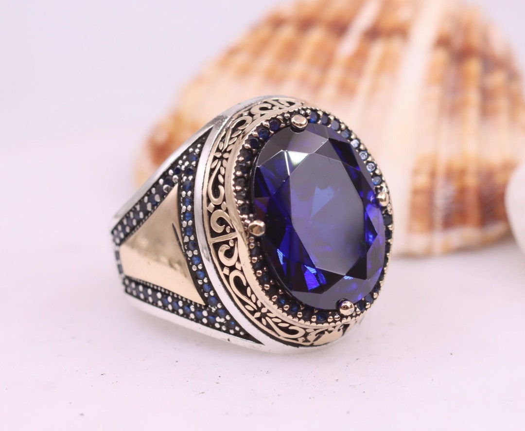 Sapphire Oval Cut Stone Men Silver Ring ,blue Sapphire Silver Mens Ring ...