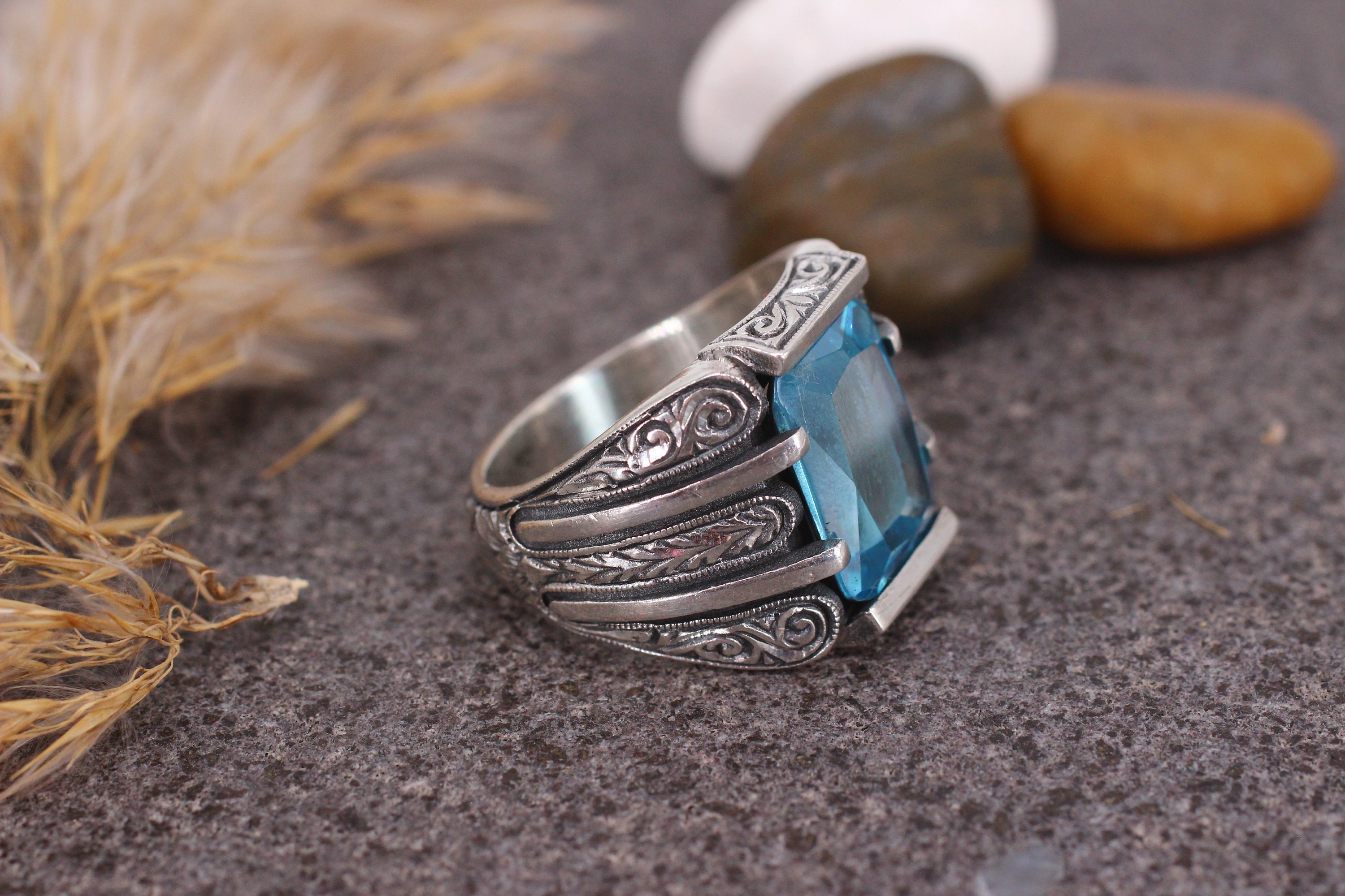 Aquamarine Mens Ring Ottoman Style Ring Silver 925 Ring | Etsy