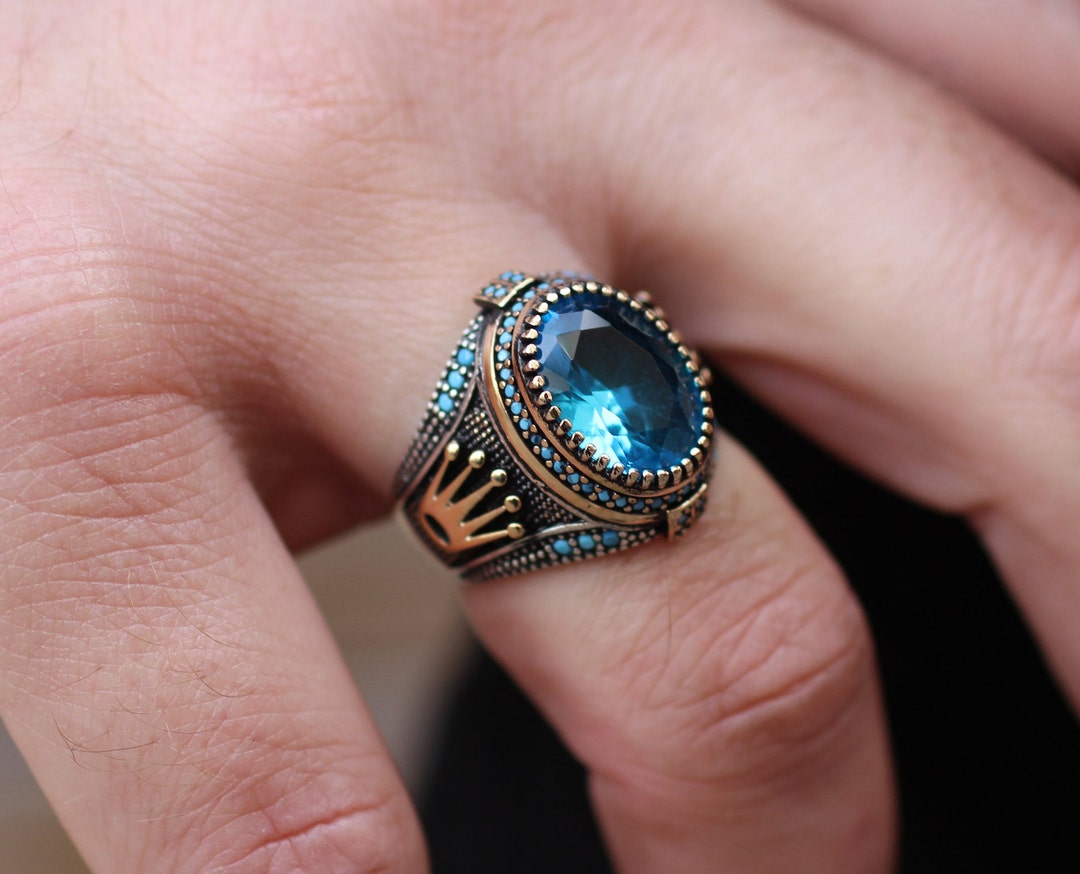 Aquamarine Mens Ring, Oval Aquamarine Mens Ring, Silver Mens Ring, Gift ...