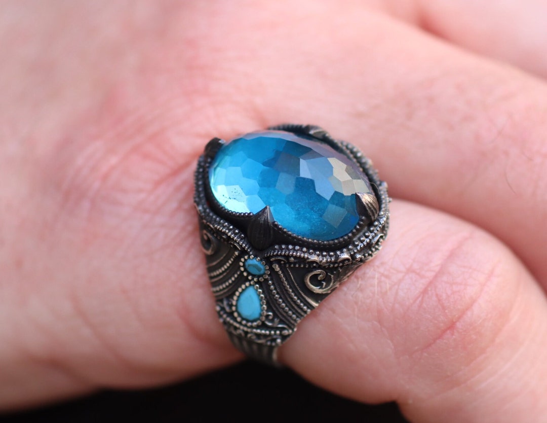 Aquamarine Mens Ring, Silver Mens Ring, Silver 925 Statement Mens Ring ...