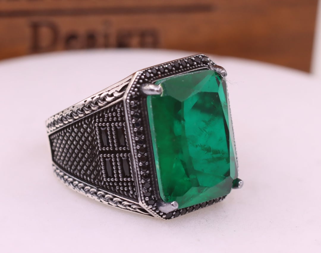 Emerald Ring, Emerald Mens Silver Ring, Modern Emerald Mens Ring ...