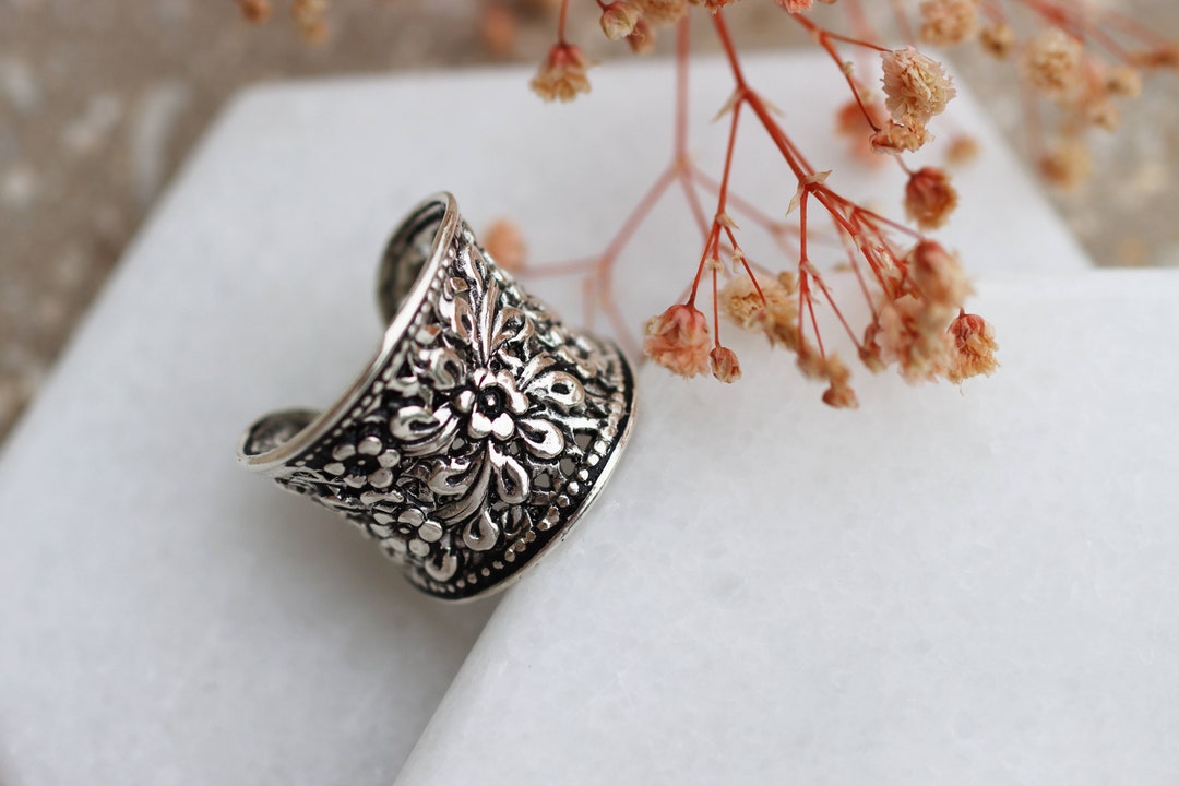 Solid Silver 925 Chunky Ring, Flower Chunky Ring, Boho Silver Ring ...