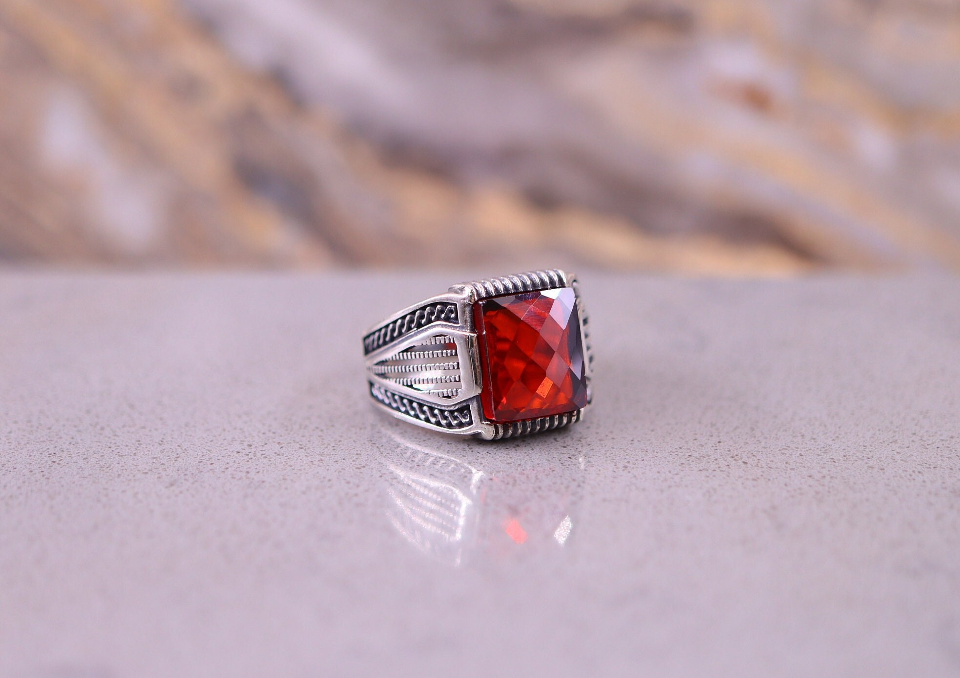Ruby Mens Ring, Exclusive Silver Ruby Mens Ring , Geometric Design Ruby ...
