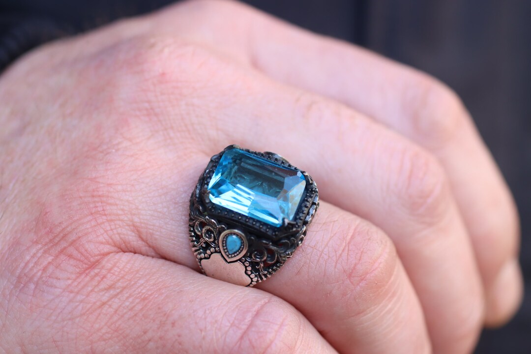 Aquamarine Mens Ring, Silver Mens Ring, Silver 925 Statement Mens Ring ...