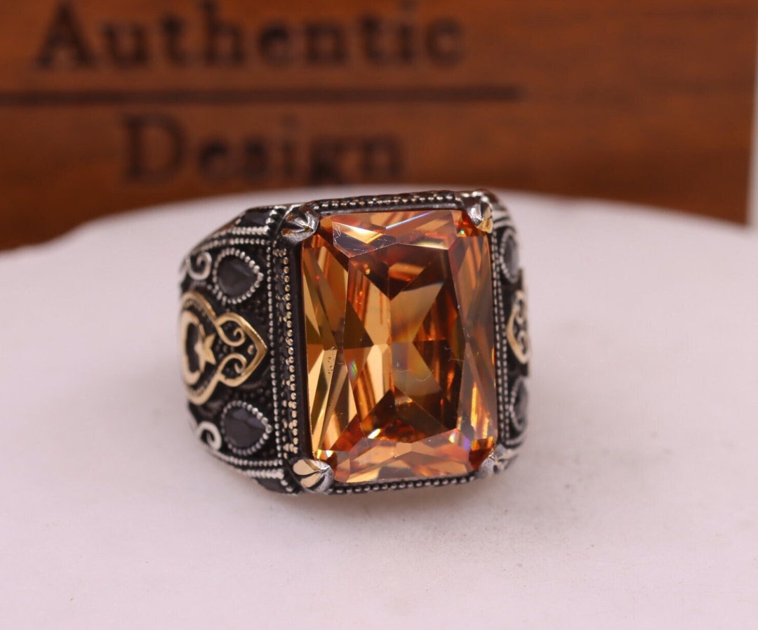 Quartz Rectangle Cut Stone Men Silver Ring , Silver Mens Ring, Sterling ...