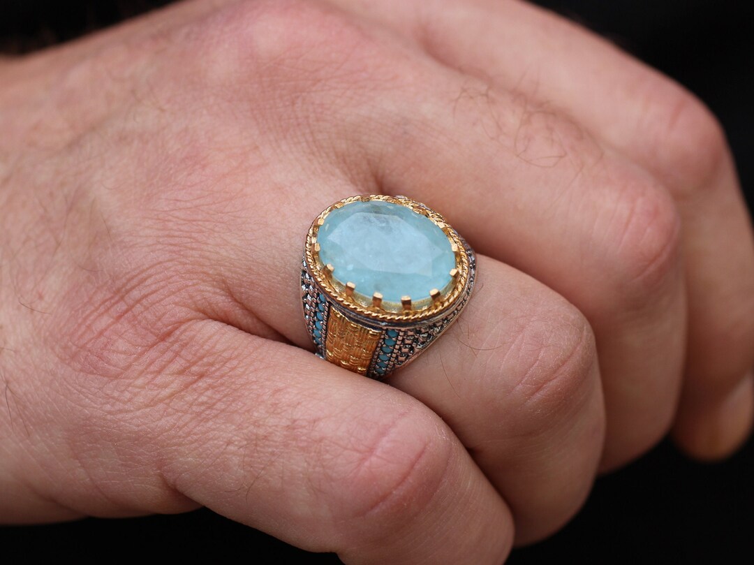 Aquamarine Mens Ring, Oval Aquamarine Mens Ring, Silver Mens Ring, Gift ...