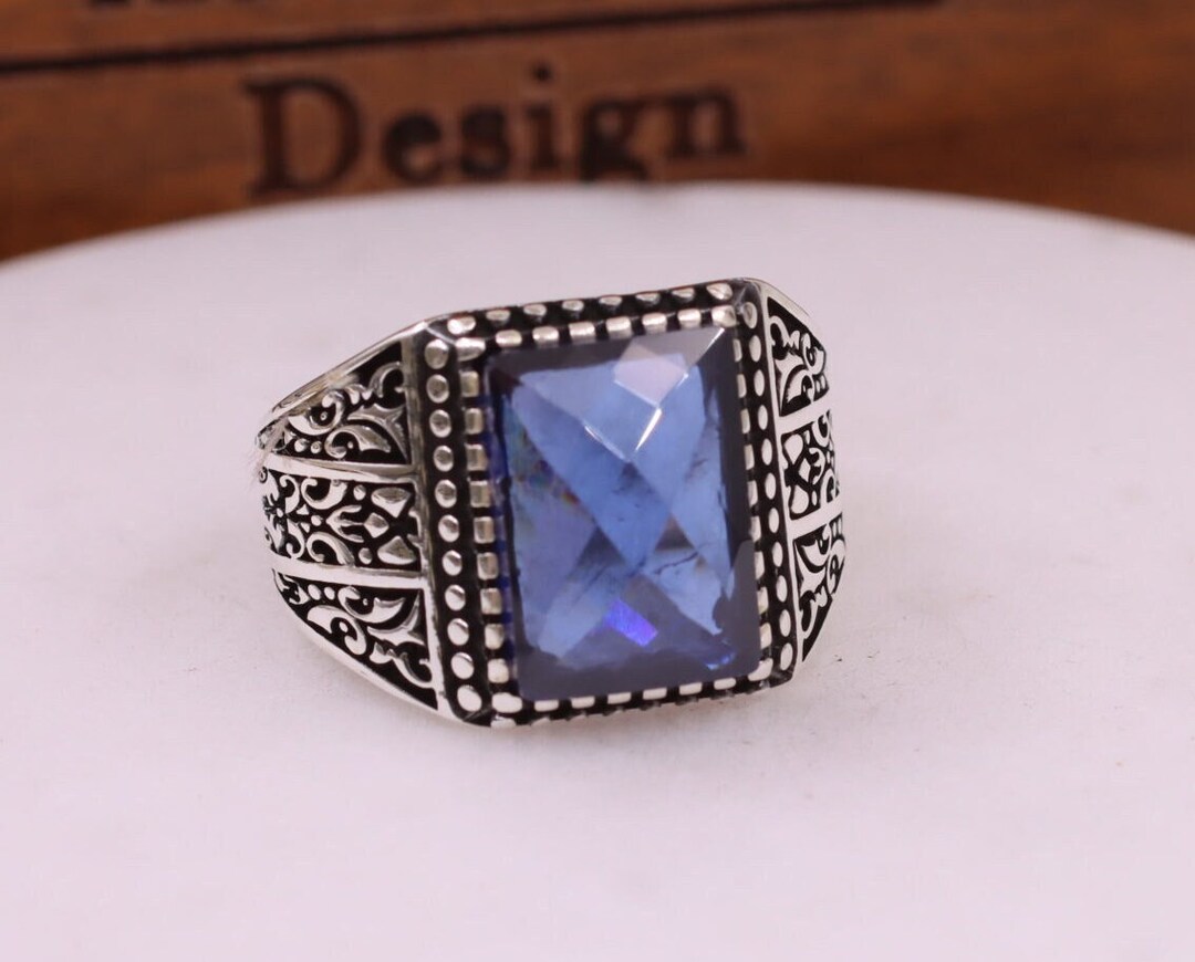 Sapphire Rectangle Cut Stone Men Silver Ring ,blue Sapphire Silver Mens ...